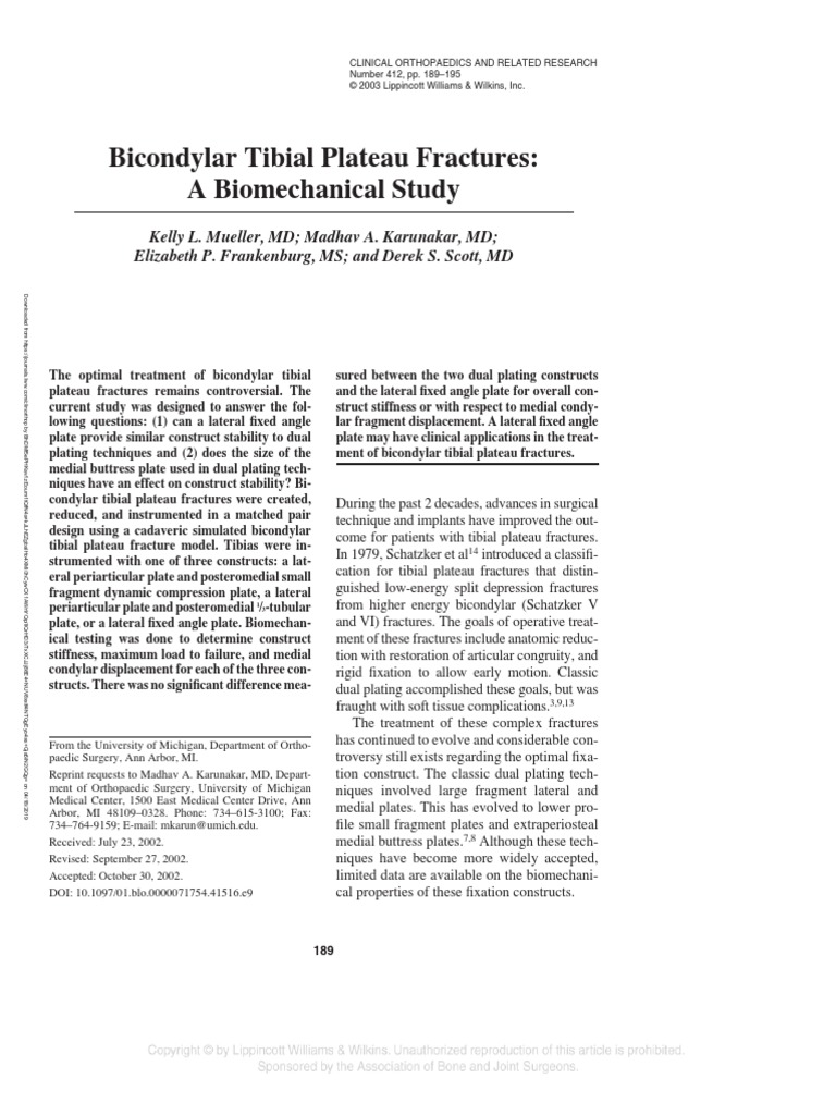 Bicondylar Tibial Plateau Fractures: A Biomechanical Study | PDF ...