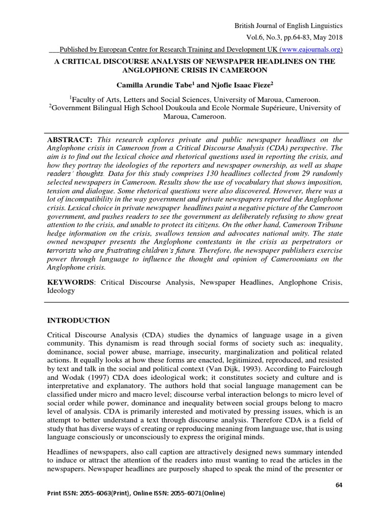 A Critical Discourse Analysis of Newspaper Headlines On The Anglophone ...