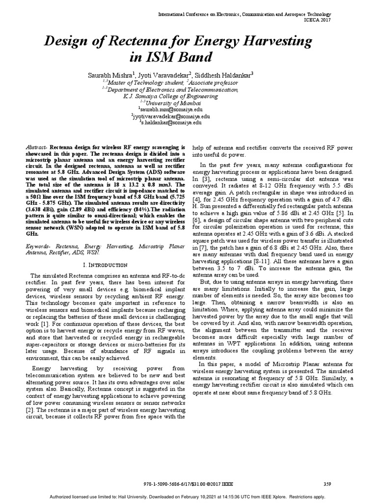 Design of Rectenna For Energy Harvesting in ISM Band | PDF | Antenna ...
