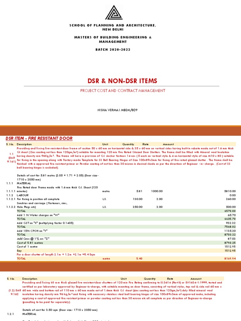 DSR & Non DSR Item Rate Analysis | PDF | Door | Ceiling