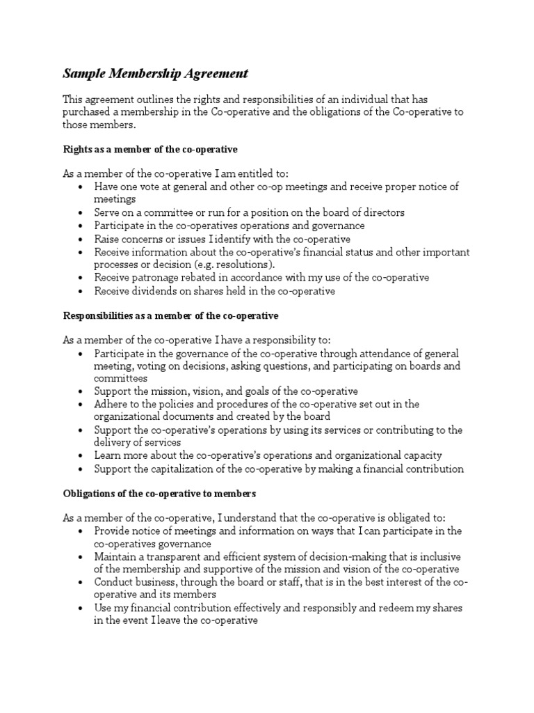 Sample Membership Agreement: Rights As A Member of The Co-Operative ...