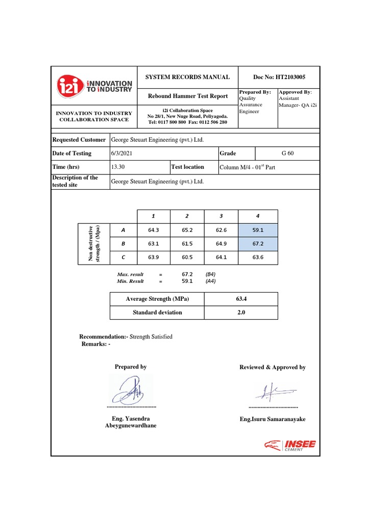 Rebound Hammer Test Report for G 60 | PDF