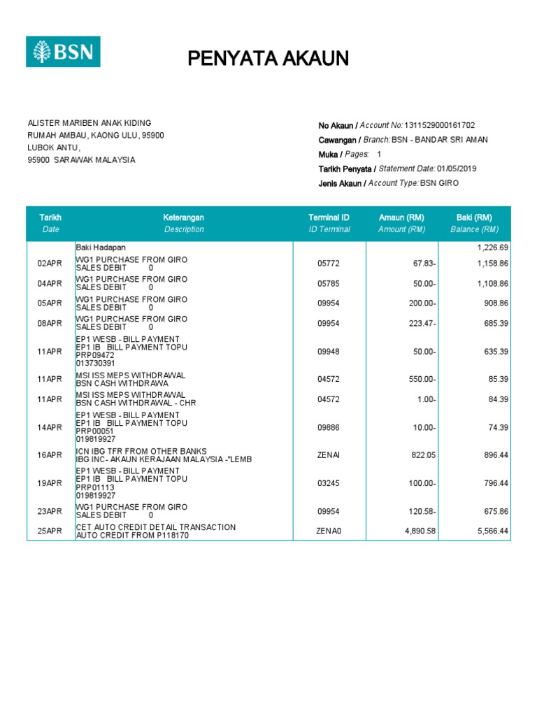 BSN Giro Account Statement for Alister Mariben | PDF | Debit Card ...