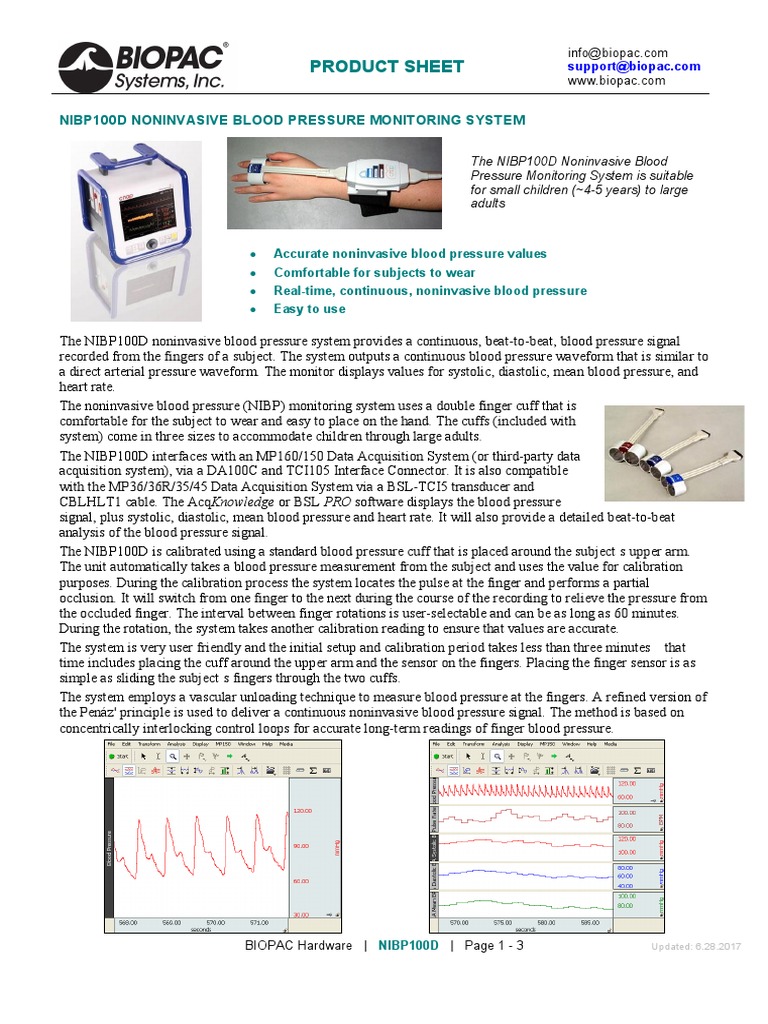 Product Sheet: Nibp100D Noninvasive Blood Pressure Monitoring System ...