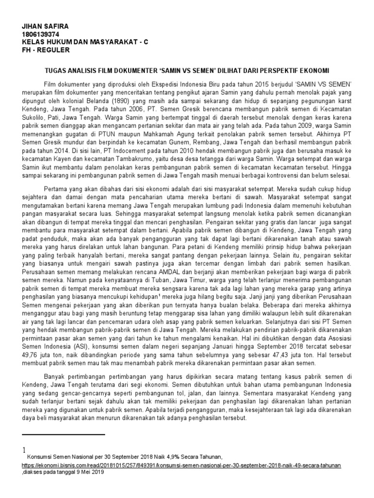 (TUGAS KULIAH) Hukum Dan Masyarakat - Tugas Analisis Dokumenter Semen Vs Samin | PDF
