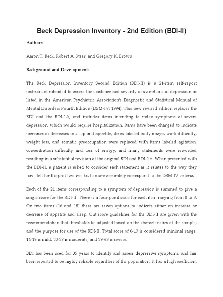 Beck Depression Inventory - 2nd Edition (BDI-II) : Authors | PDF ...