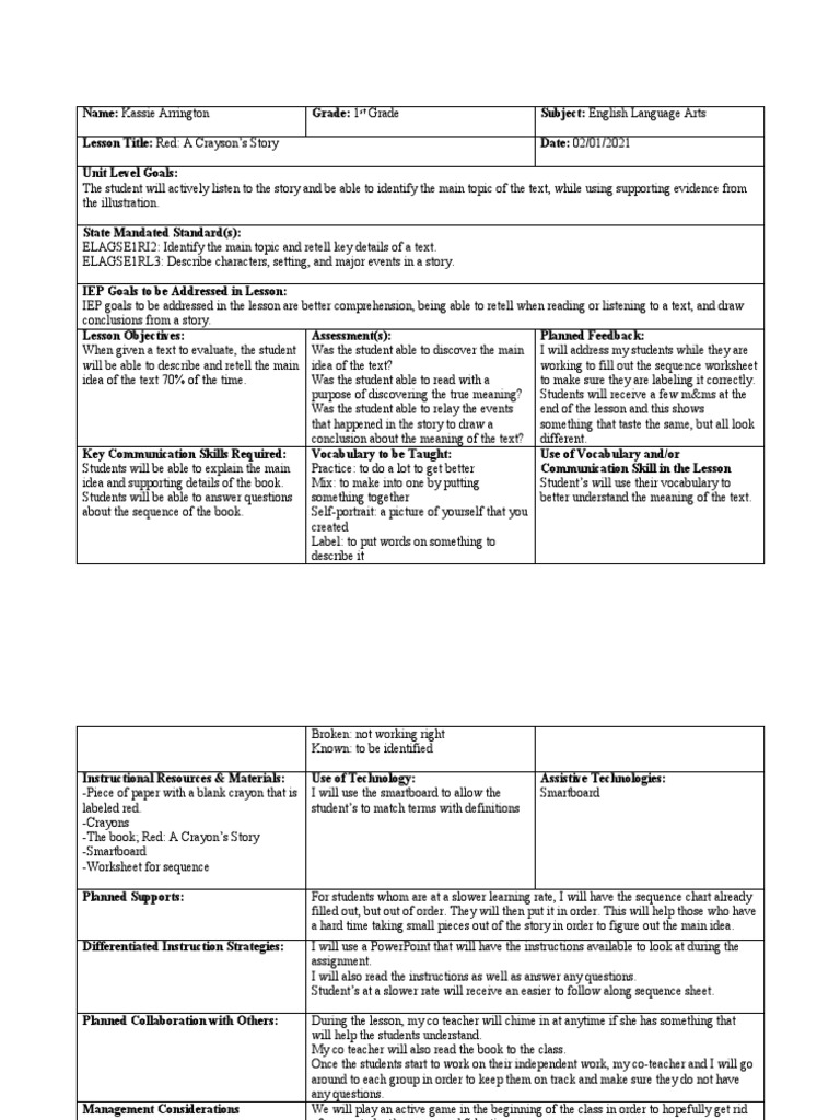 Lesson Plan For Red Kindergarten Pdf Reading Comprehension