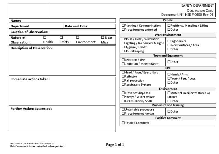 Safety Observation Report Detailing Workplace Conditions and Areas for ...
