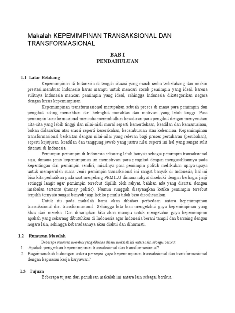 KEPEMIMPINAN TRANSFORMASIONAL DAN TRANSAKSIONAL | PDF