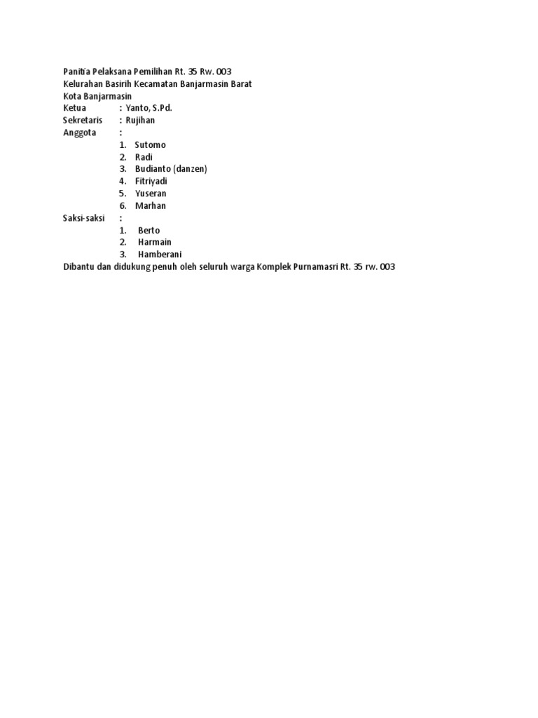 Panitia Pelaksana Pemilihan RT | PDF