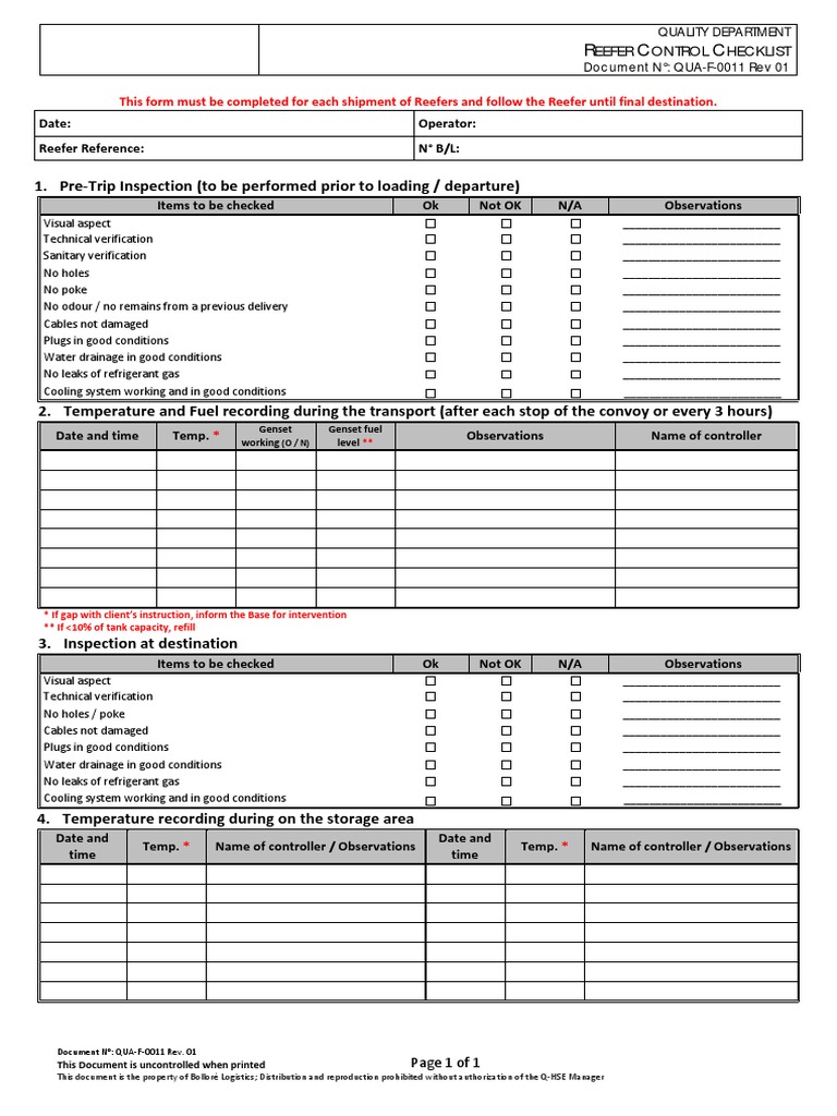 Reefer Control Checklist | PDF | Heating, Ventilating, And Air ...