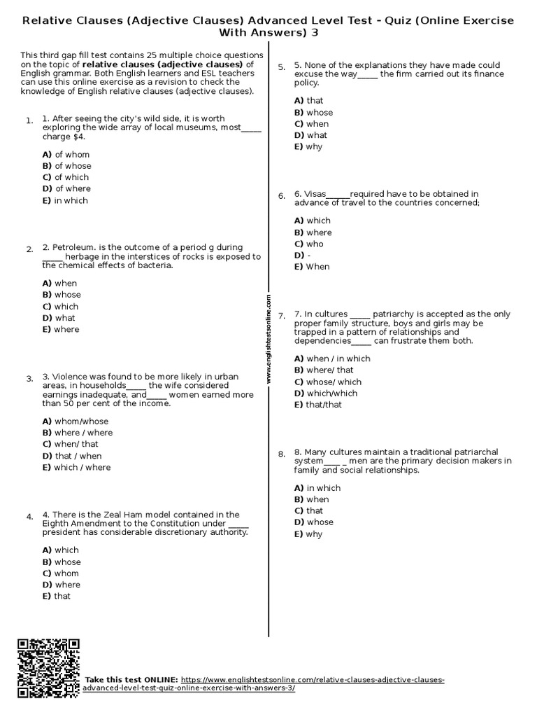 Relative Clauses (Adjective Clauses) Advanced Level Test - Quiz (Online ...