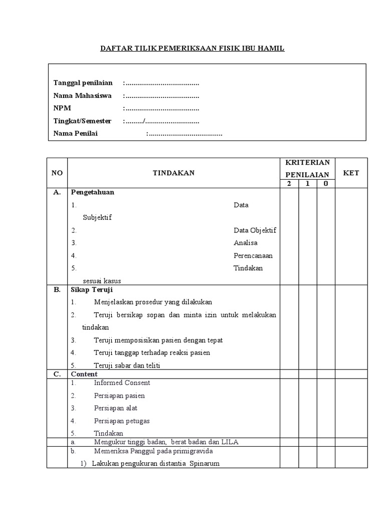 Daftar Tilik Pemeriksaan Fisik Bumil | PDF