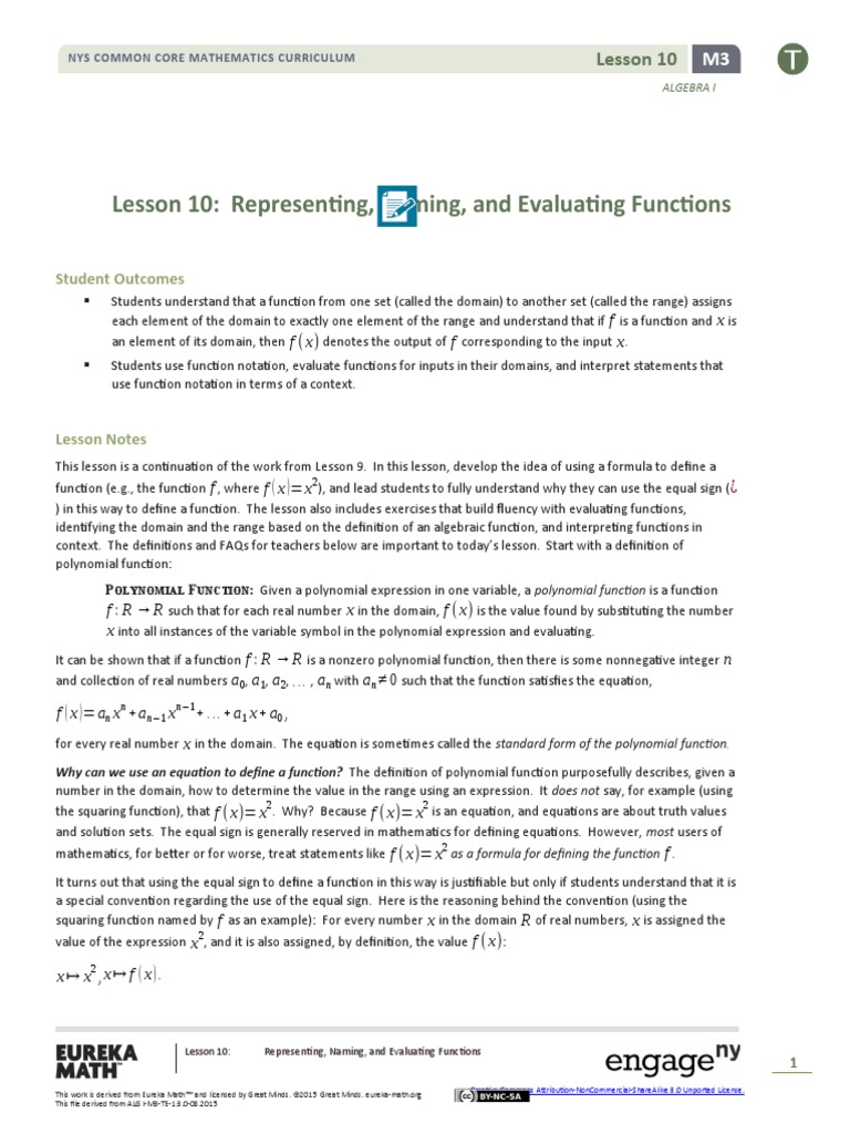 Lesson 10: Representing, Naming, and Evaluating Functions: Student ...