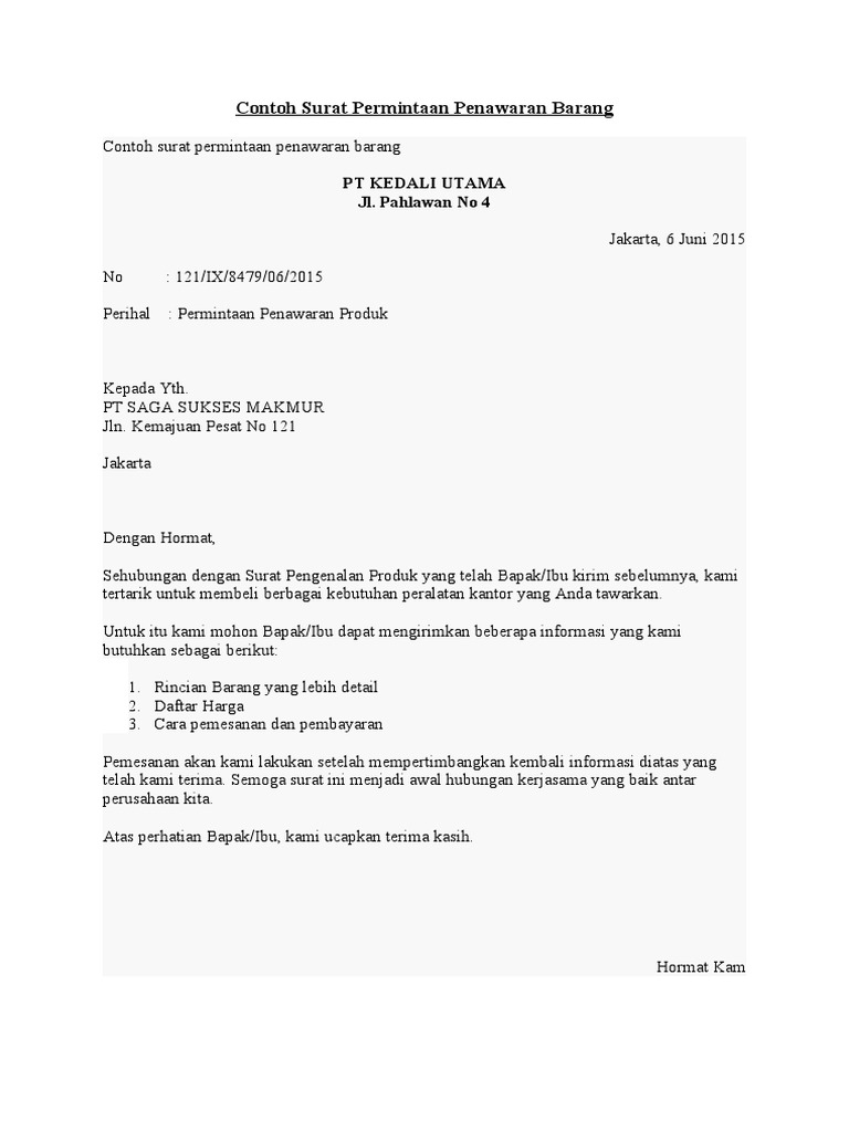 Contoh Surat Permintaan Penawaran Barang | PDF