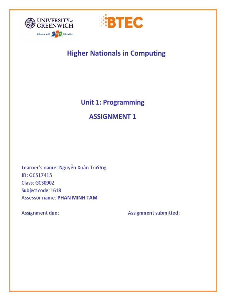 Higher Nationals In Computing Unit 1 Programming Assignment 1 Pdf Algorithms Computer 4811