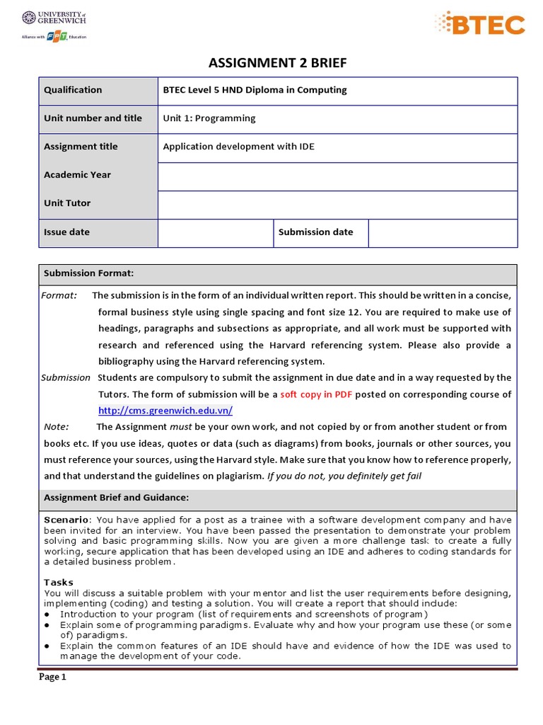 Unit 1 Assignment Brief 2 | PDF | Object Oriented Programming | Class (Computer Programming)