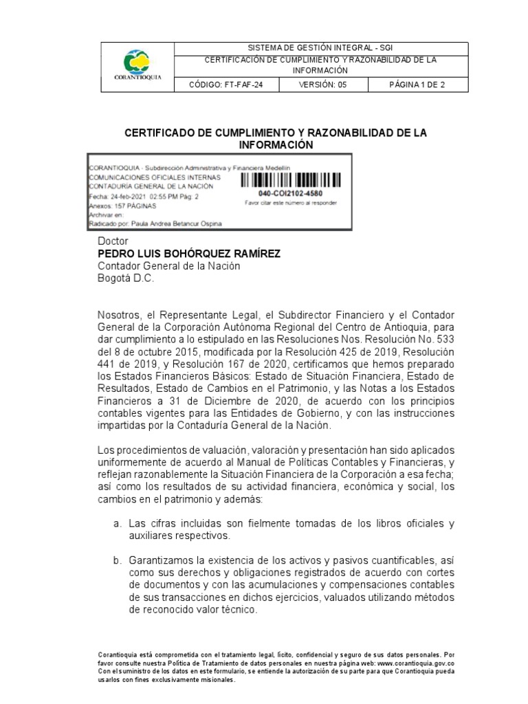 Estados Financieros Corantioquia 31-12-2020 Rdo 040-COI2102-4580 | PDF ...