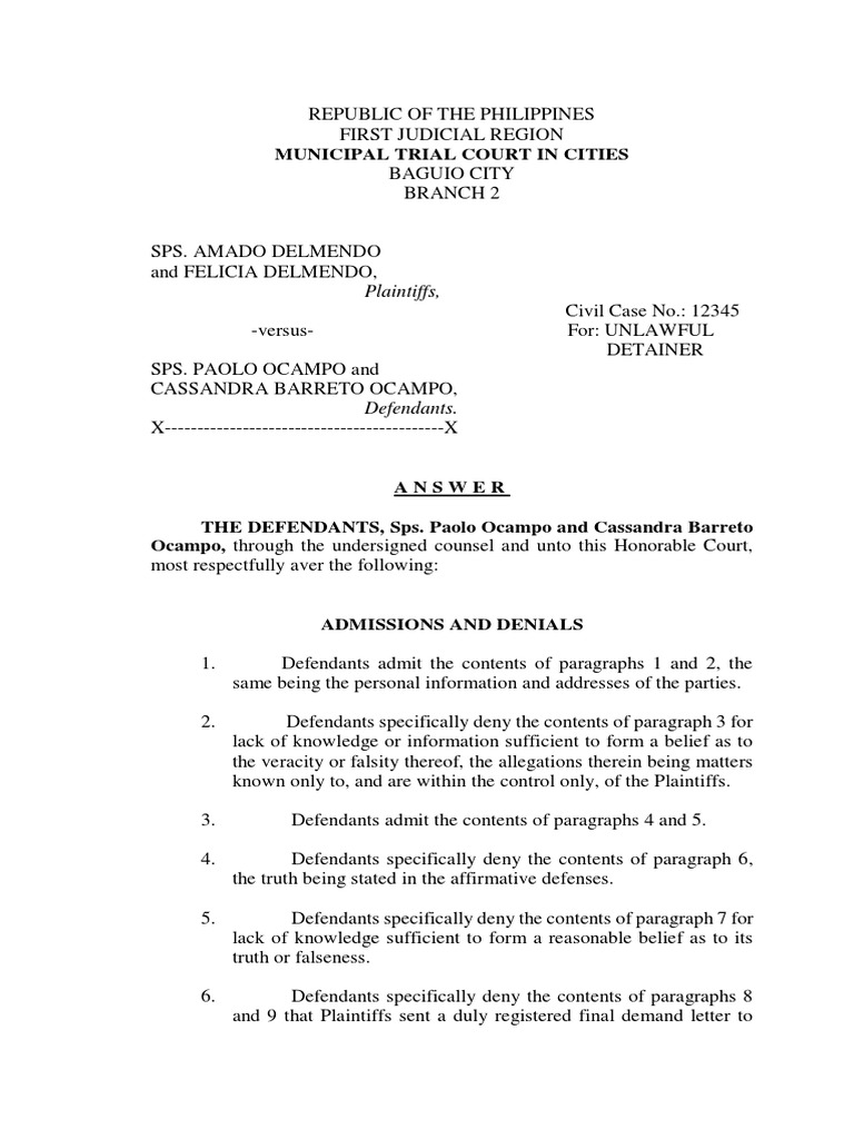 Answer To Unlawful Detainer Complaint | Download Free PDF | Lawsuit | Lease