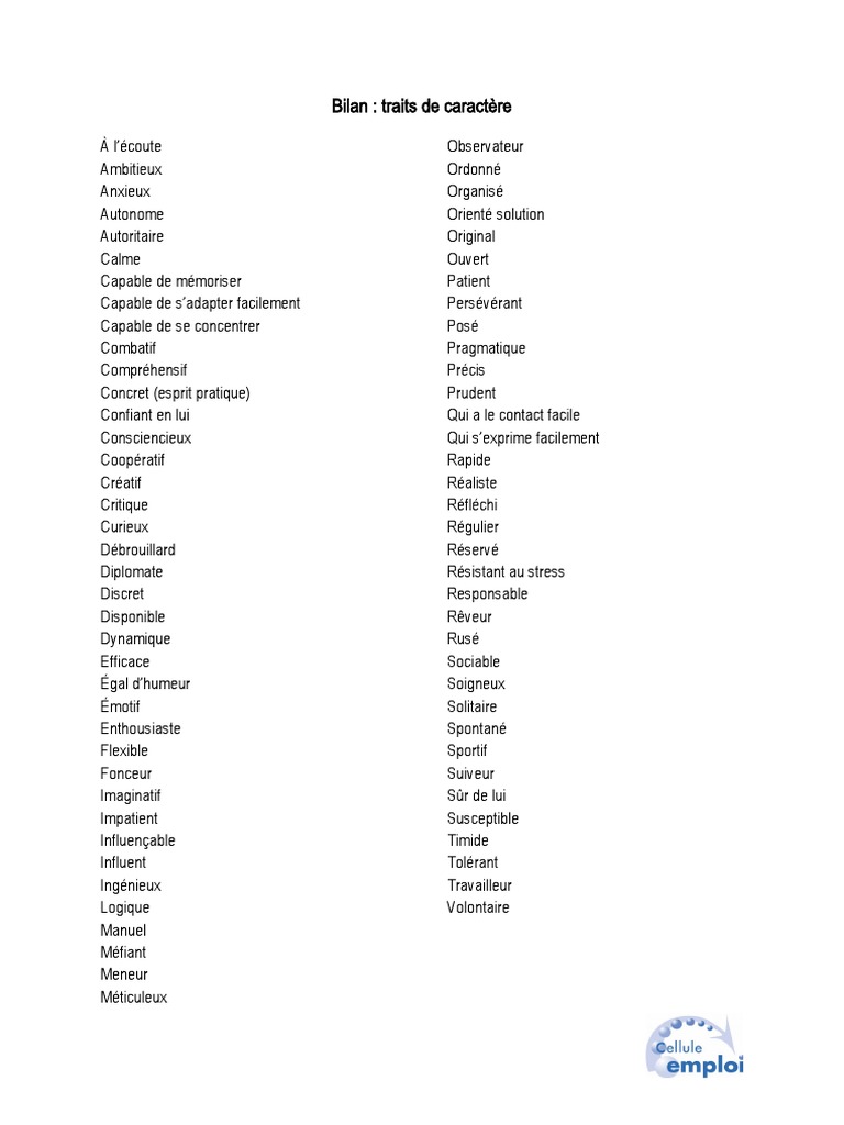 Liste des traits de caractère | PDF