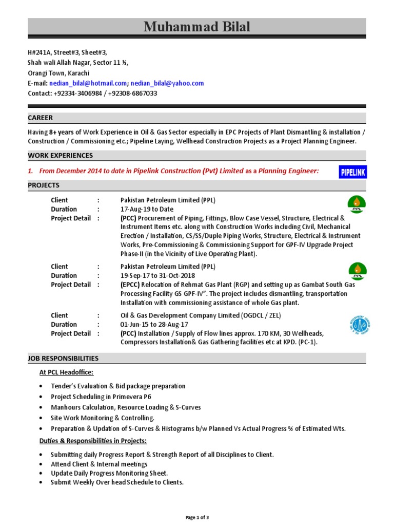 Project Planning Engineer Resume | PDF | Pipeline Transport | Petroleum ...