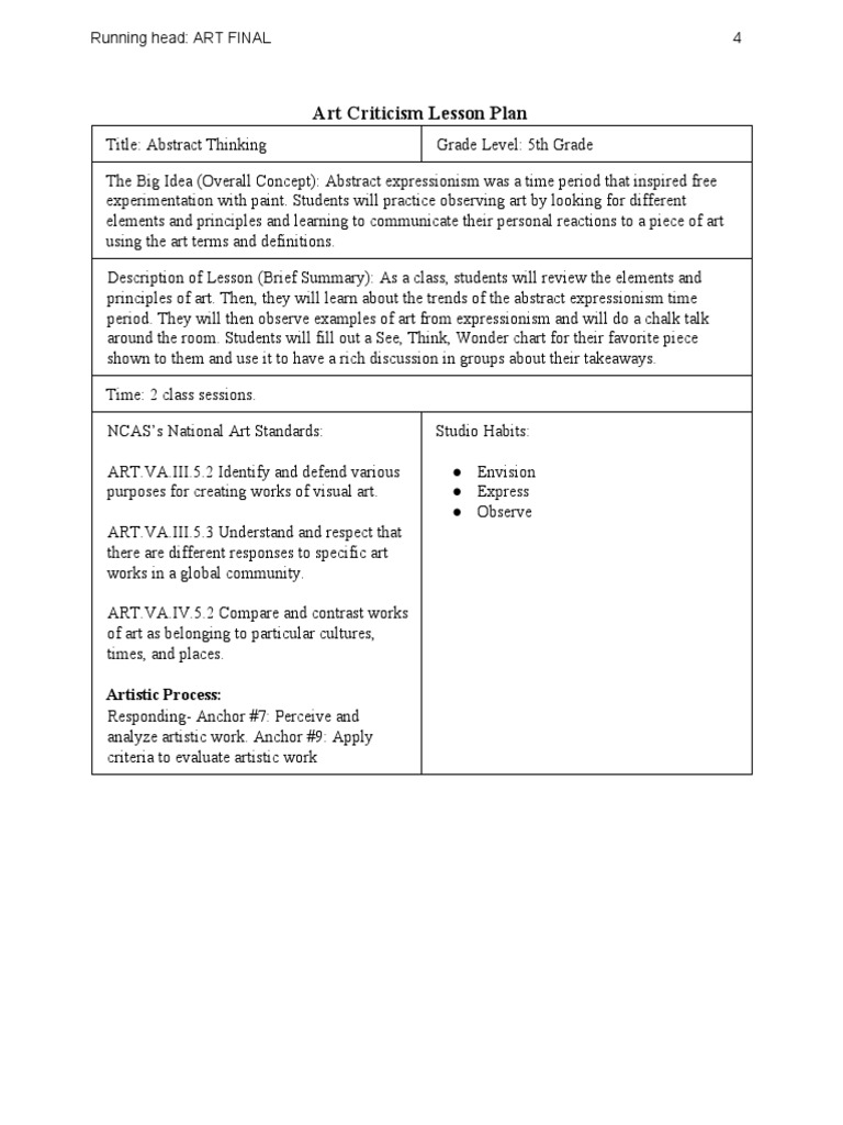 Art Criticism Lesson Plan | PDF | Experiment | Idea