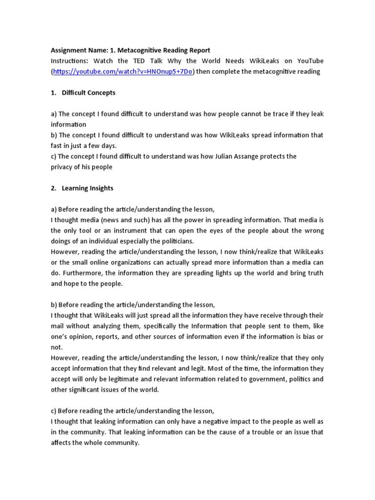 Assignment Name: 1. Metacognitive Reading Report | PDF | Wiki Leaks | Metacognition