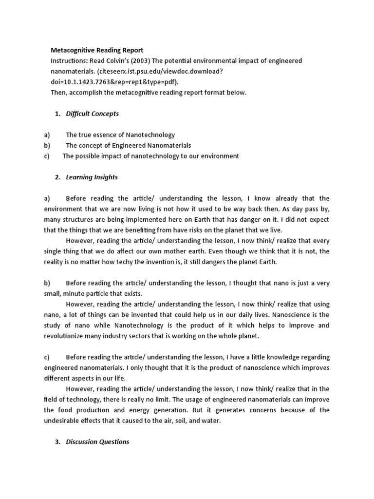 Metacognitive Reading Report | PDF | Nanotechnology | Change