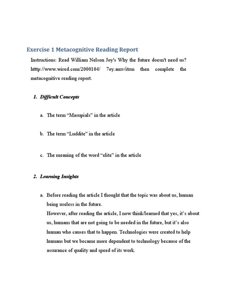 Exercise 1 Metacognitive Reading Report: 1. Difficult Concepts | PDF