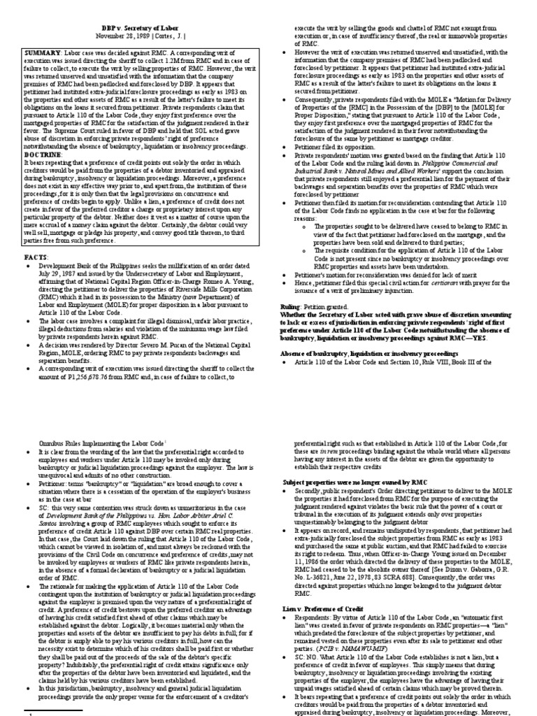DBP vs. RMC: Labor Preference Case | PDF | Bankruptcy | Foreclosure
