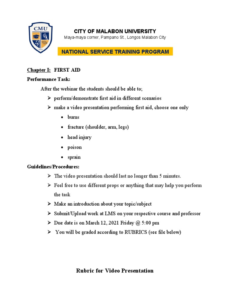First Aid Video Presentation Rubric | PDF | Rubric (Academic ...