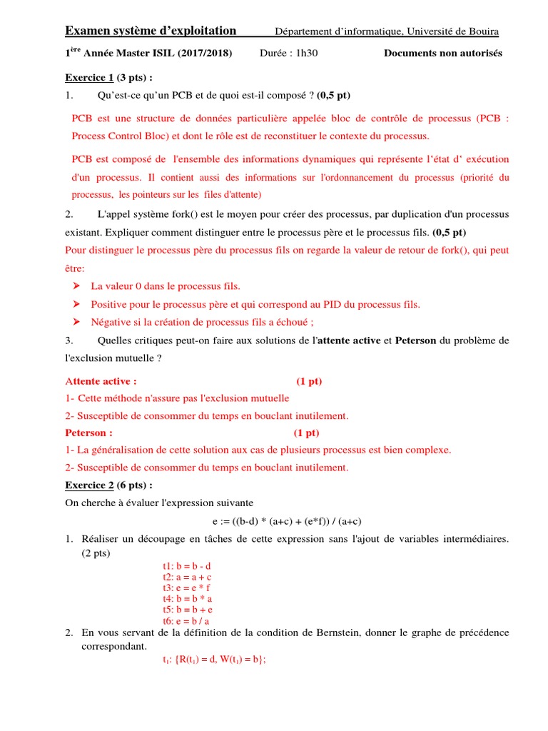 Examen Corrigé Système D'exploitation, Univ Bouira 2018 | PDF | Concurrence (Informatique ...