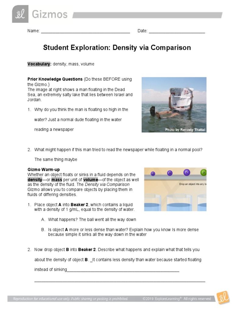 Student Exploration: Density Via Comparison: Vocabulary: Density, Mass ... Student Exploration: Density Via Comparison: Vocabulary: Density, Mass ...
