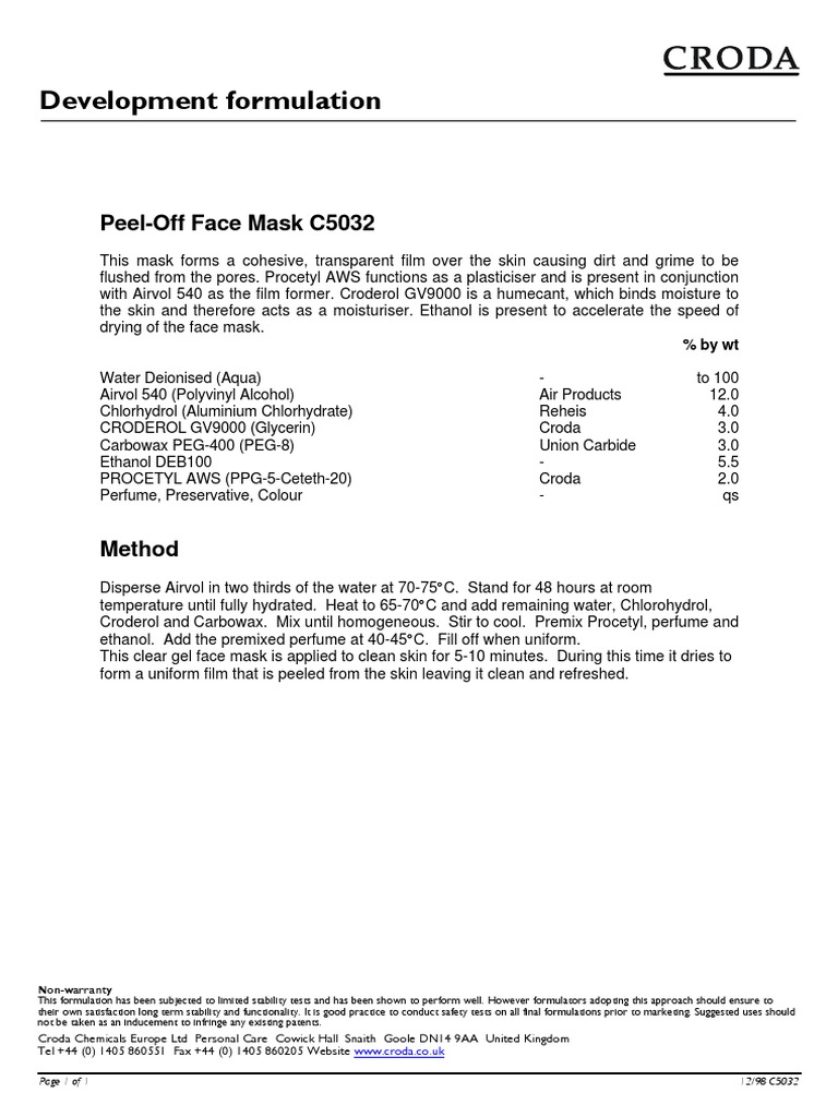 Development Formulation: Peel-Off Face Mask C5032 | PDF | Materials ...