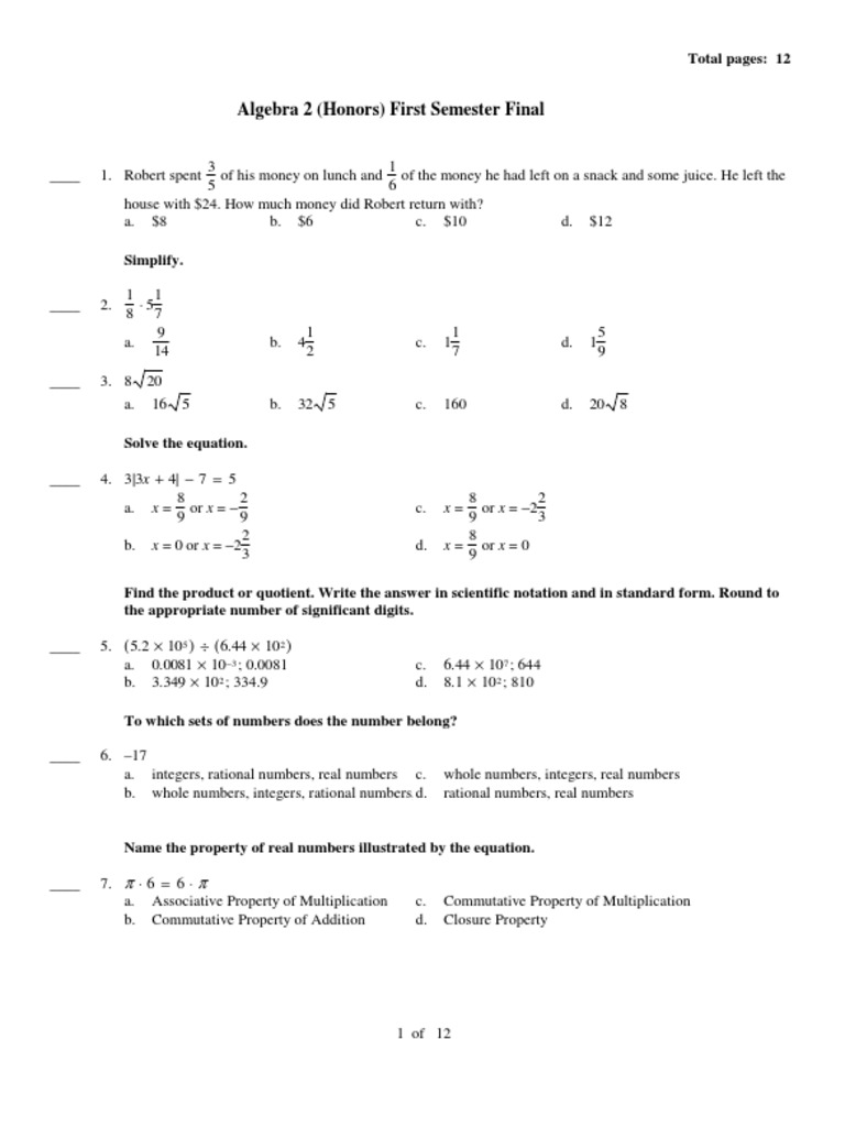Algebra 2 Honors Final Exam Review | PDF | Numbers | Elementary Mathematics
