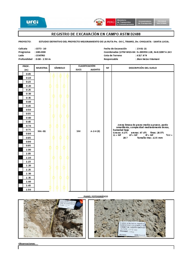 Registro de Excavación ASTM D2488 Pe. -34 C | PDF