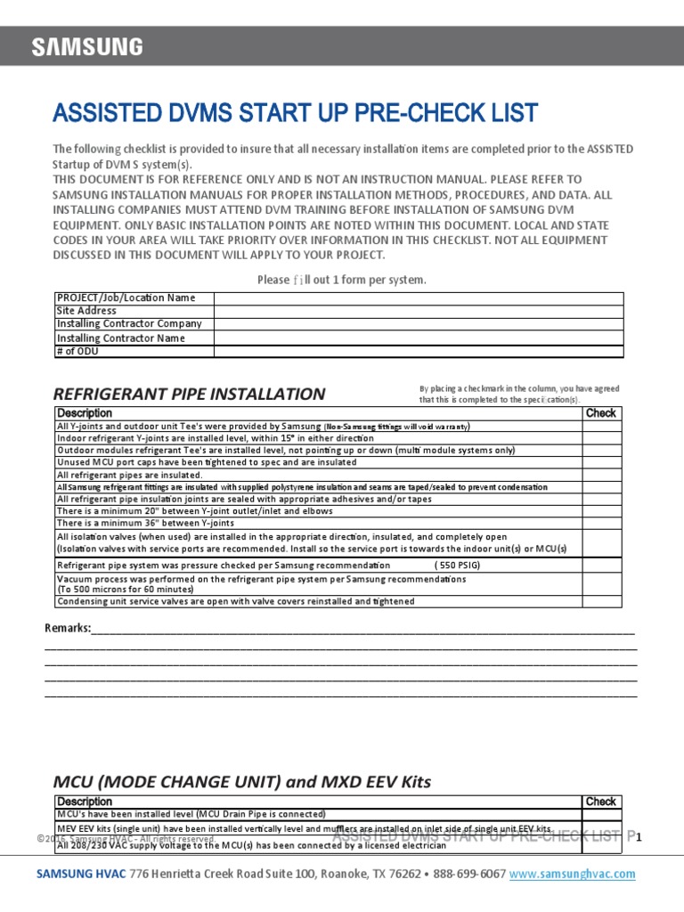 Pre-Commissioning Check List (SAMSUNG DVMS) | PDF | Electrical Wiring ...