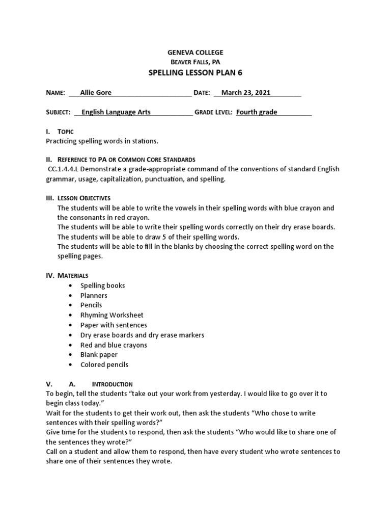 Lesson Plan 6 Spelling 1 Placement 2 | PDF | English Language ...