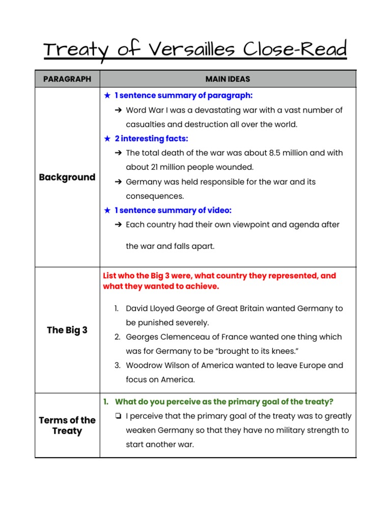 Treaty of Versailles Assignment | PDF | Treaty Of Versailles ...