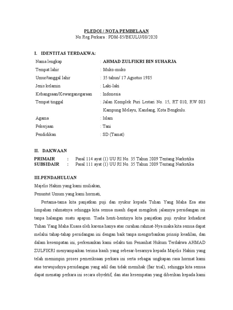 Nota Pembelaan (Pledoi) | PDF | Hukum