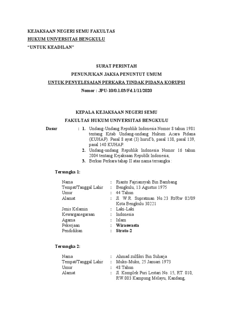 Surat Perintah Penunjukan Jaksa Penuntut Umum Utk Mengikuti PRKR PDN ...
