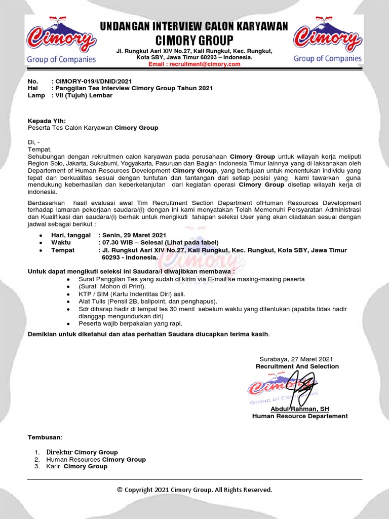 Undangan Interview Cimory Group - Surabaya | PDF