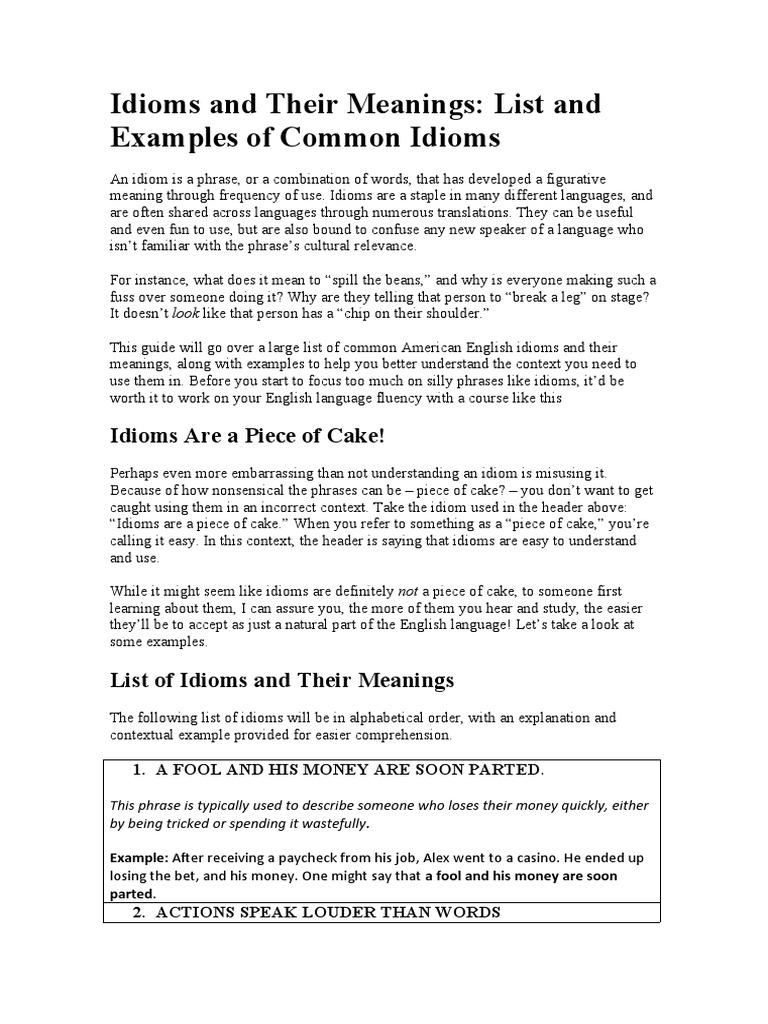 Idioms and Their Meanings: List and Examples of Common Idioms | PDF ...