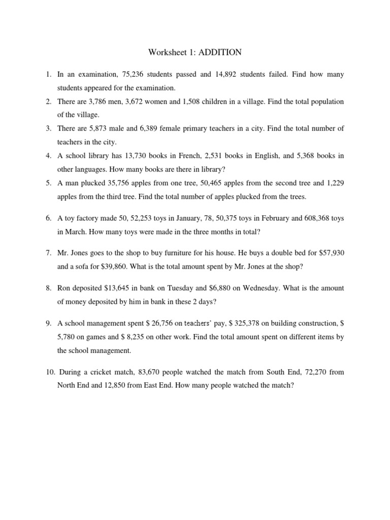 Worksheet 1-Addition (H.W) | PDF