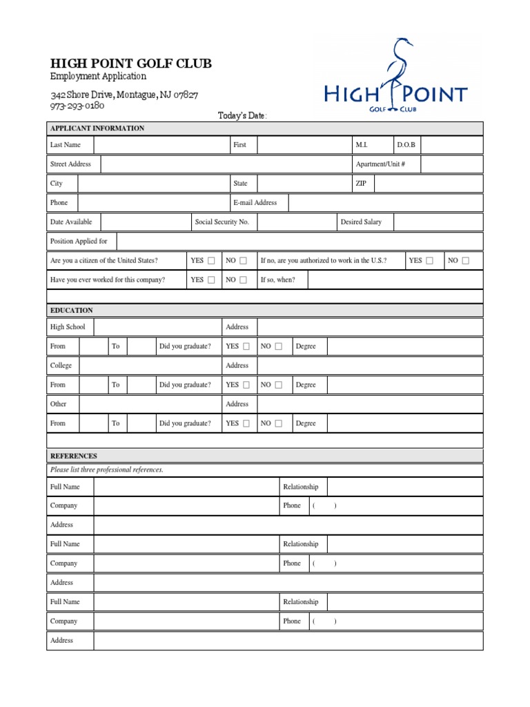 High Point Golf Club: Employment Application 342 Shore Drive, Montague ...