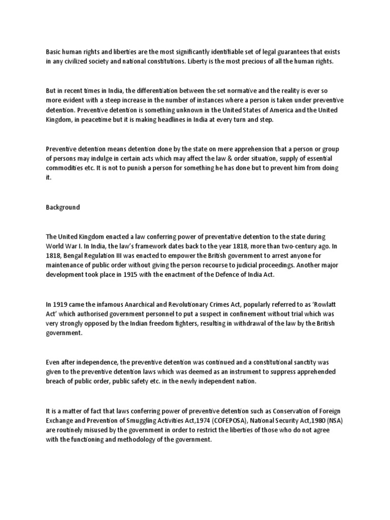 Preventive Detention in India: Legal Overview | PDF | Remand (Detention ...