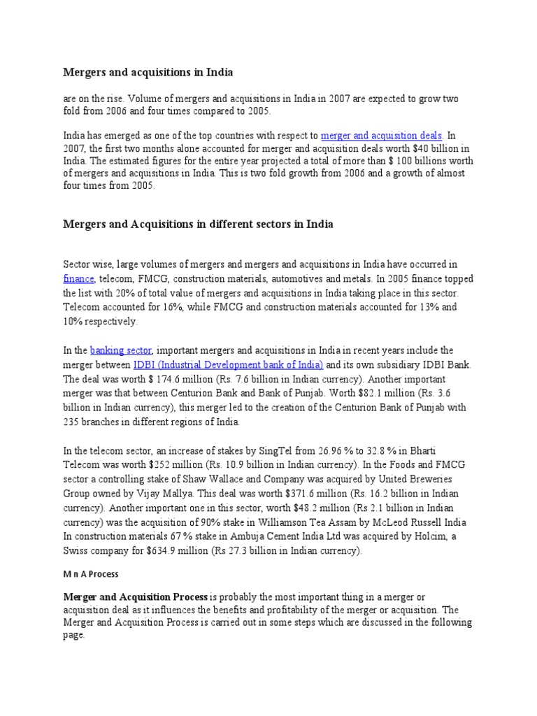 Mergers and Acquisitions Trends in India | PDF | Takeover | Mergers And ...