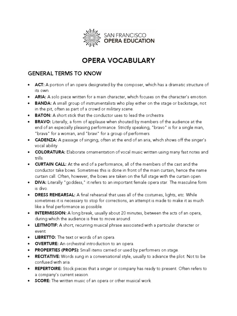 Opera Vocabulary: General Terms To Know | PDF | Opera | Music Theory