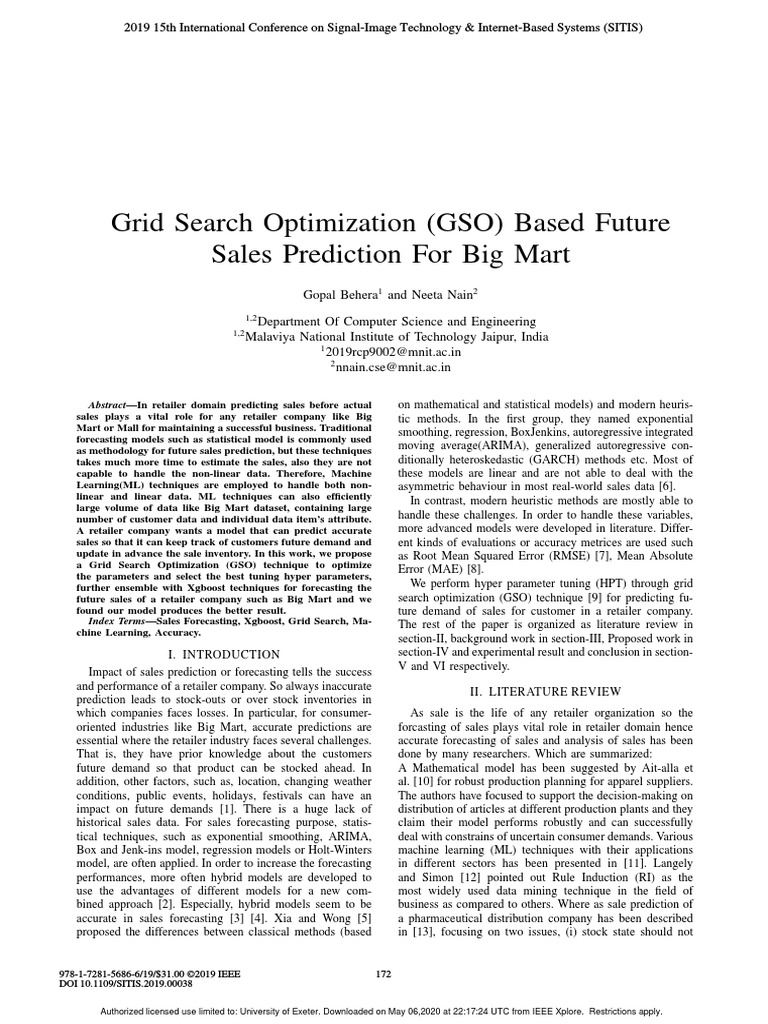 Grid Search Optimization (GSO) Based Future Sales Prediction For Big Mart | PDF | Forecasting ...