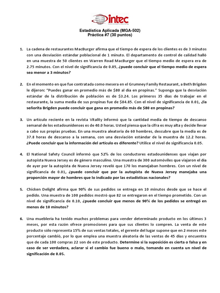 Practica No. 7 - Ejercicios Prueba de Hipótesis | PDF | Business ...